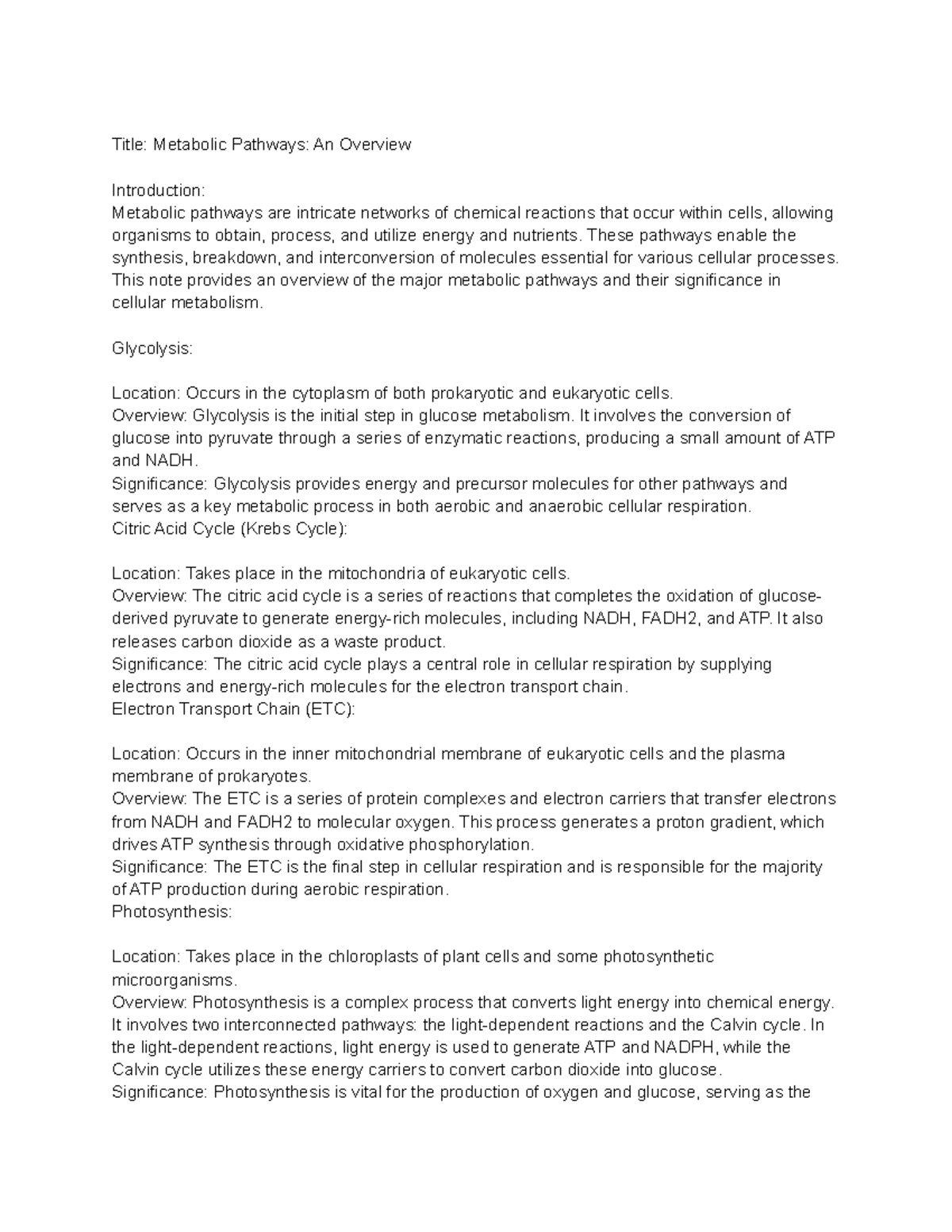 Metabolic pathways notes - Title: Metabolic Pathways: An Overview ...