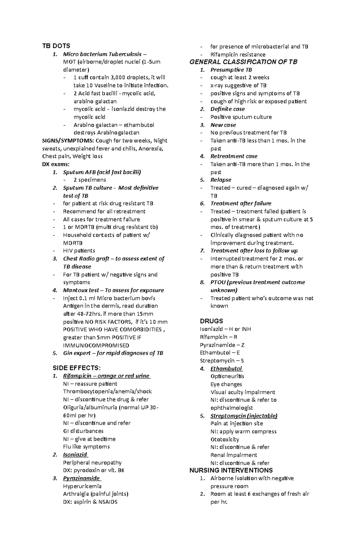 TB-DOTS- Notes - TB DOTS Micro bacterium Tuberculosis – MOT (airborne ...
