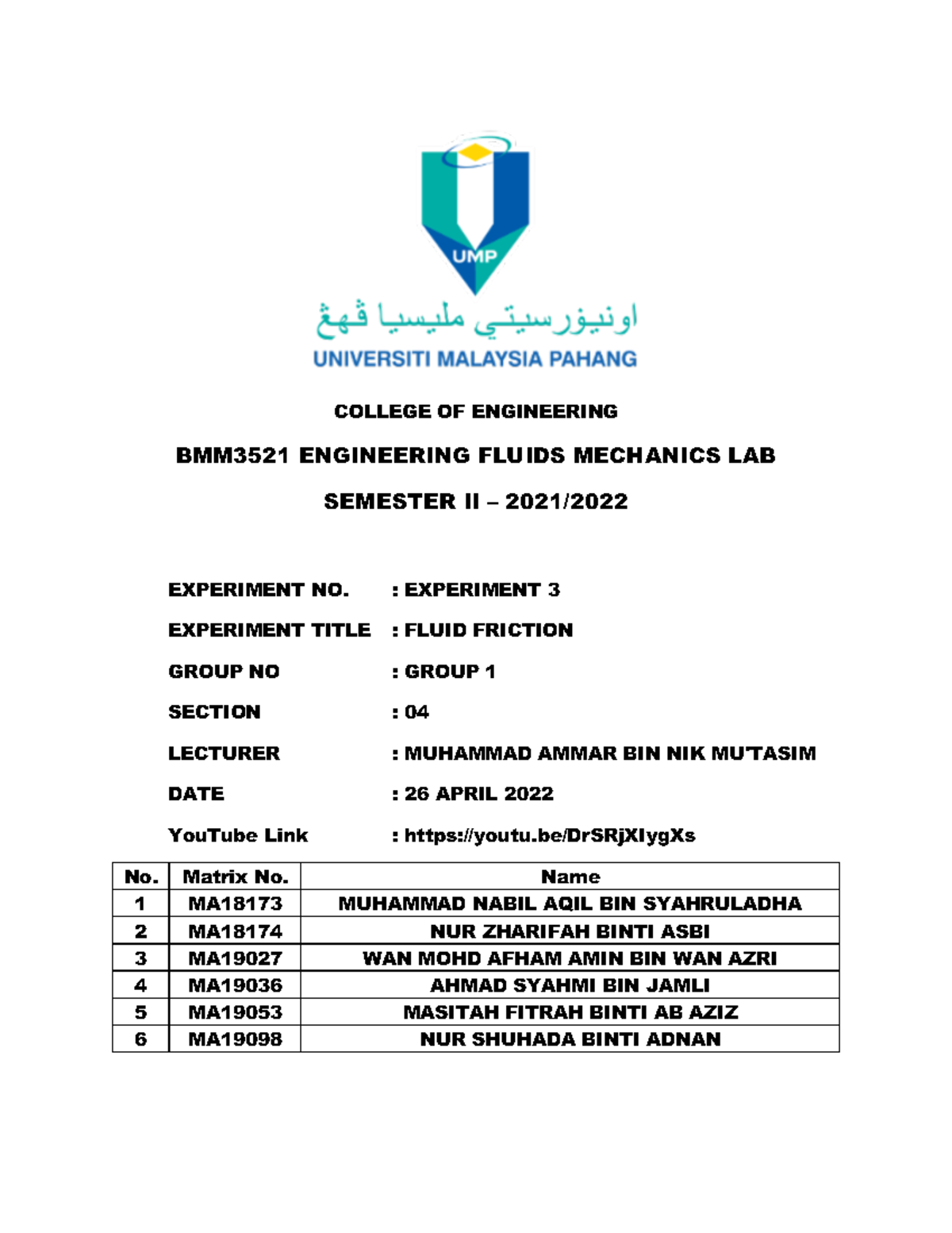 M04 G1 LAB3 Report - COLLEGE OF ENGINEERING BMM3521 ENGINEERING FLUIDS MECHANICS LAB SEMESTER II ...