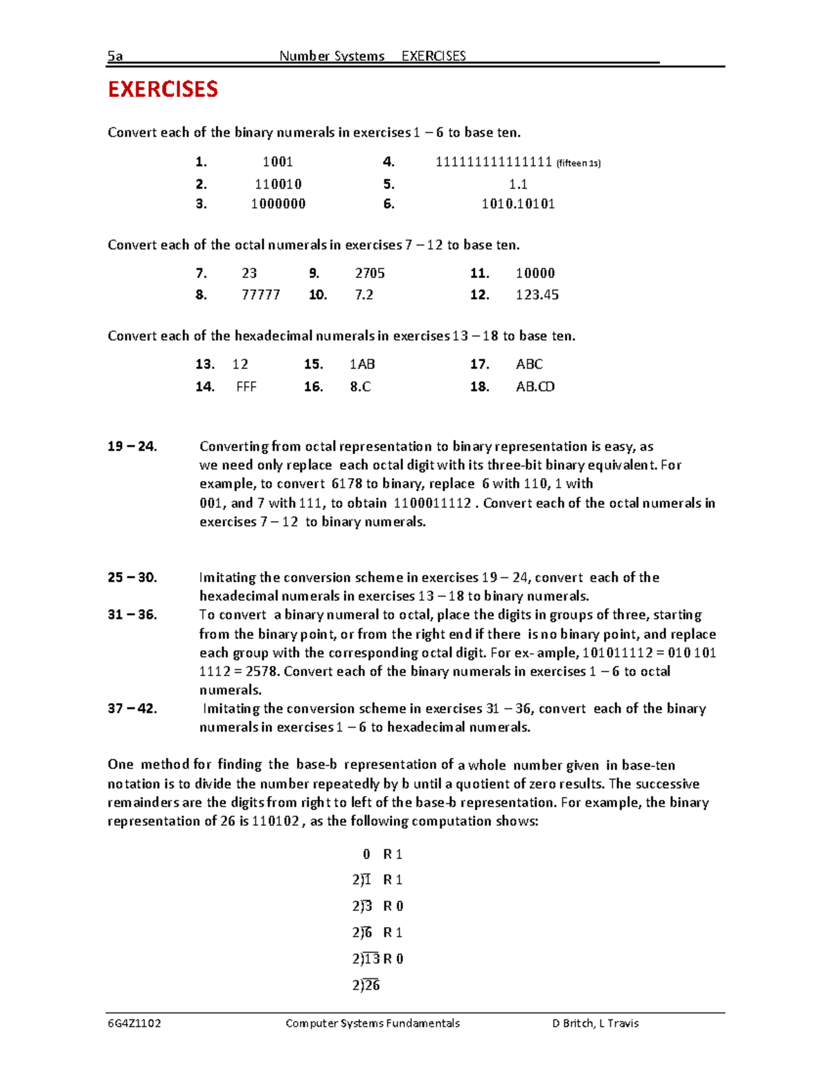Csf Wk 5a 2 Lecture Notes Number Systems Examples Problems 5a Number Systems Exercises