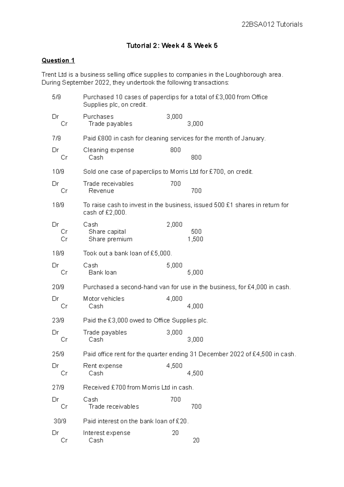 22 BSA012 Tutorial 2 solutions - Tutorial 2: Week 4 & Week 5 Question 1 Trent Ltd is a business ...