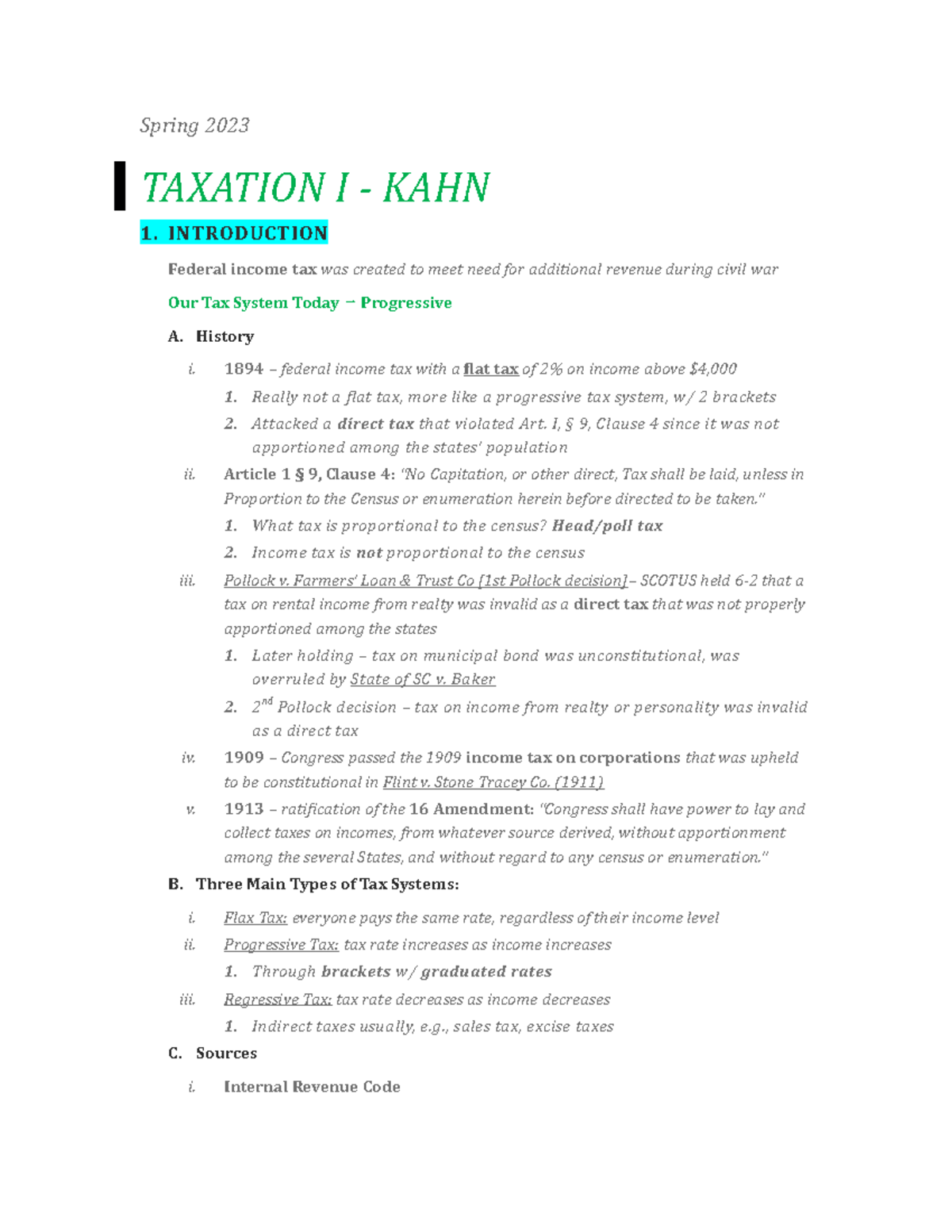 Tax Outline Key Terms and Background- Spring 2023 - Spring 2023 ...