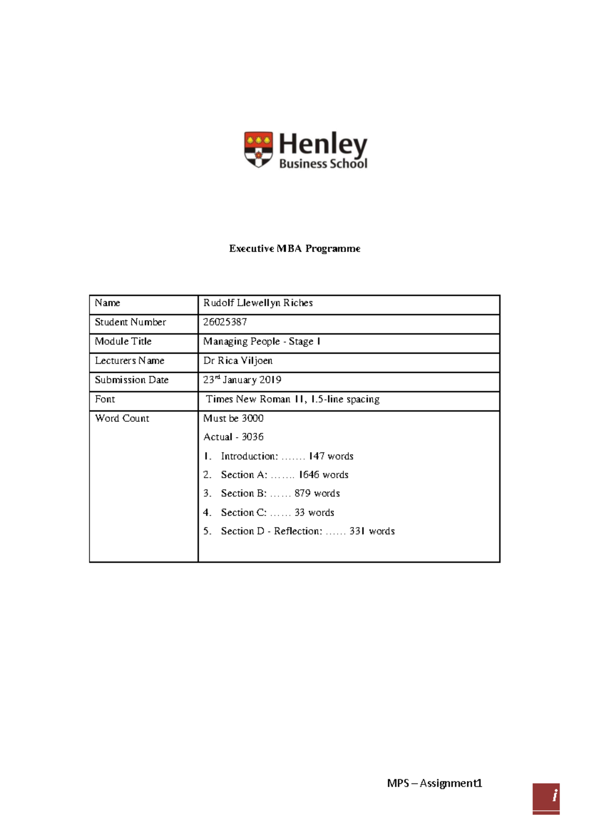 MP Assignment EMBA 26025387 - MPS – Assignment i Executive MBA Programme Name Rudolf Llewellyn ...