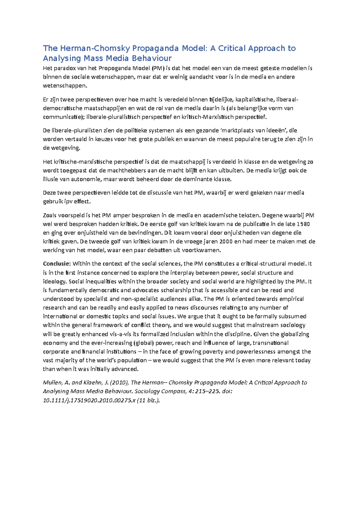 Samenvatting Artikel 'The Herman-Chomsky Propaganda Model: A Critical ...