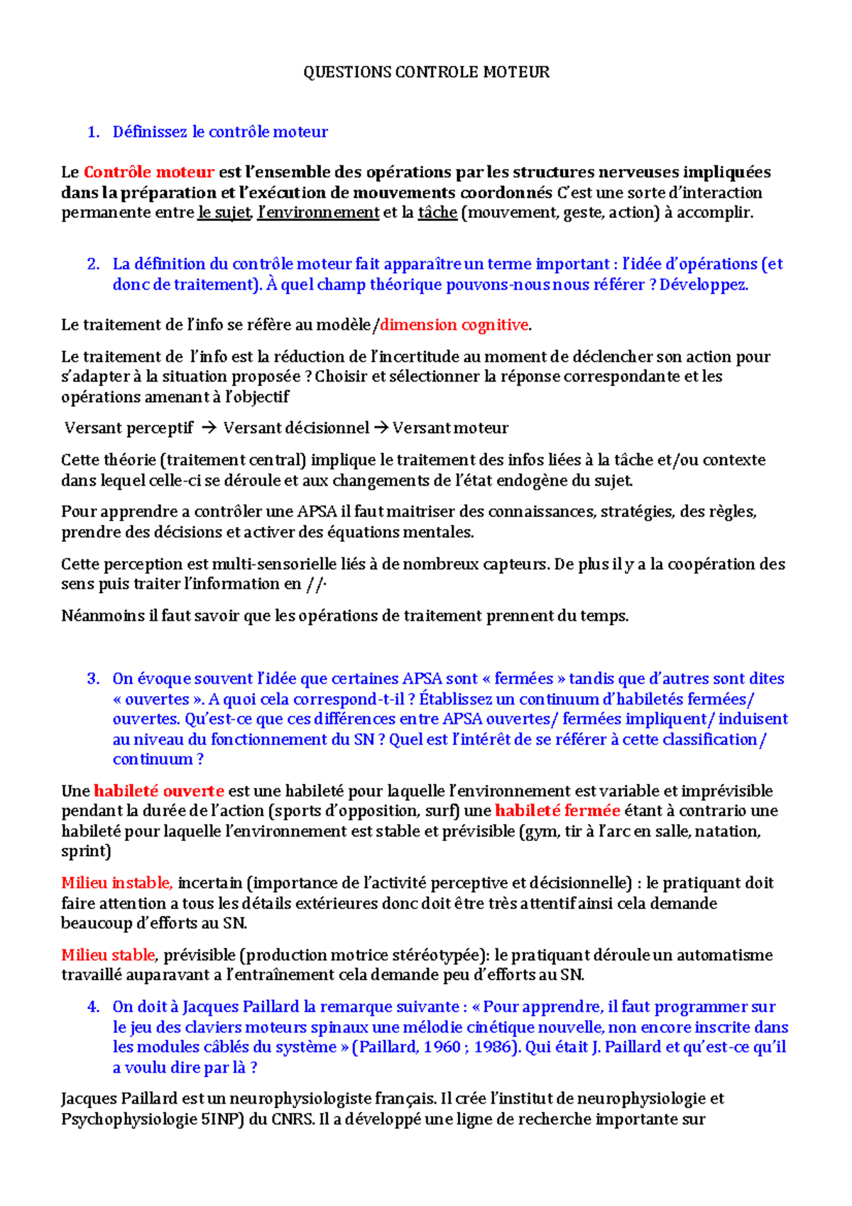 Controle-moteur- Questions - QUESTIONS CONTROLE MOTEUR Définissez le ...