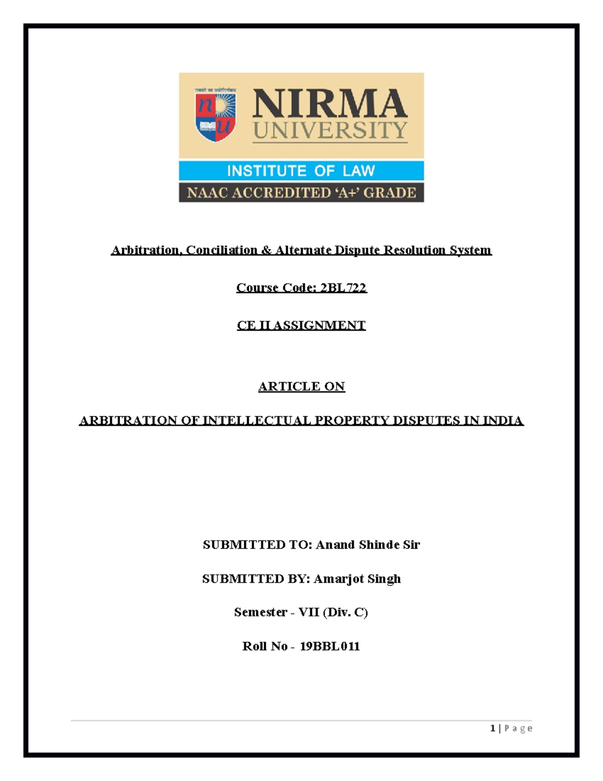 19BBL011 Article Arbitration - Arbitration, Conciliation & Alternate ...