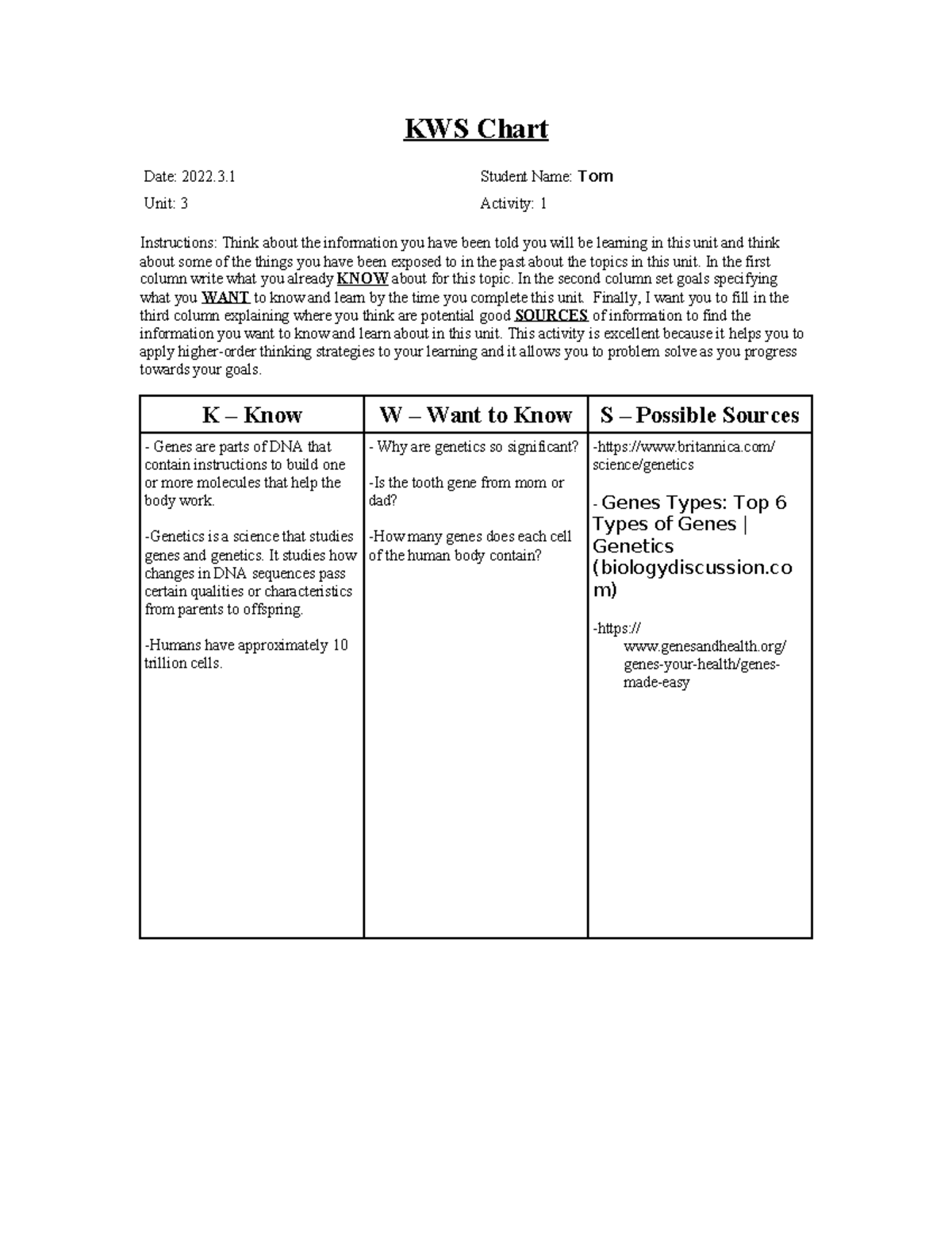 KWS Chart-3 Tom - good - KWS Chart Date: 2022.3 Student Name: Tom Unit ...