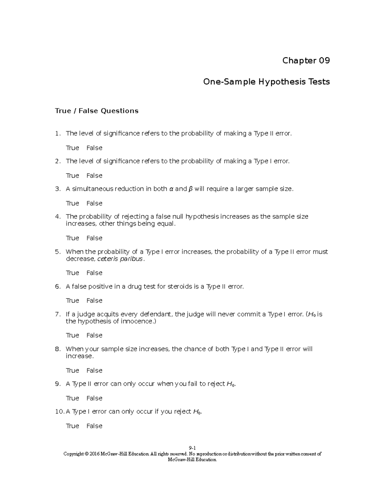 CHAPTER 9 FKDPV FDBD GFDG - Chapter 09 One-Sample Hypothesis Tests True ...