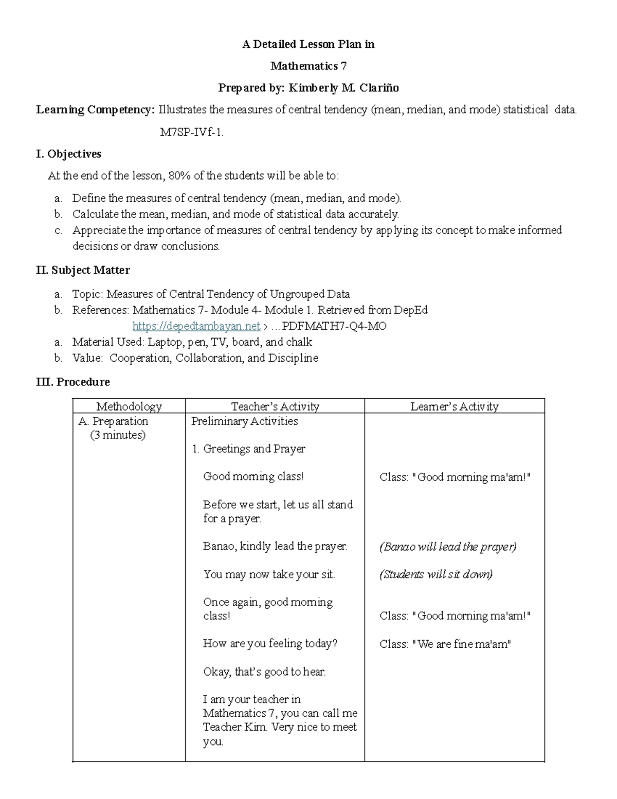 Notes in research - A Detailed Lesson Plan in Mathematics 7 Prepared by ...