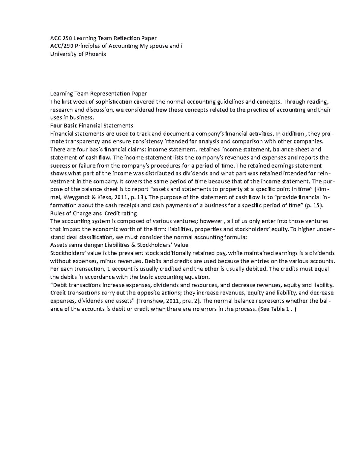 ACC 290 Learning Team Reflection Paper 1 - ACC 290 Learning Team ...
