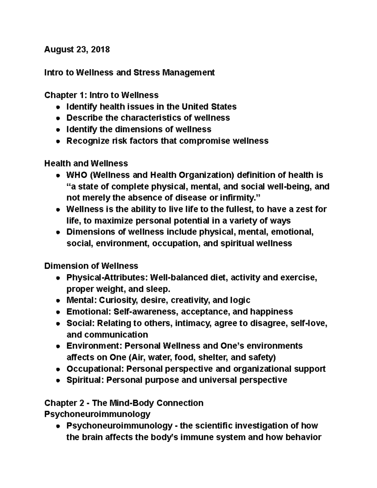 HSRV 169-03 - Lecture notes 1 - August 23, 2018 Intro to Wellness and ...