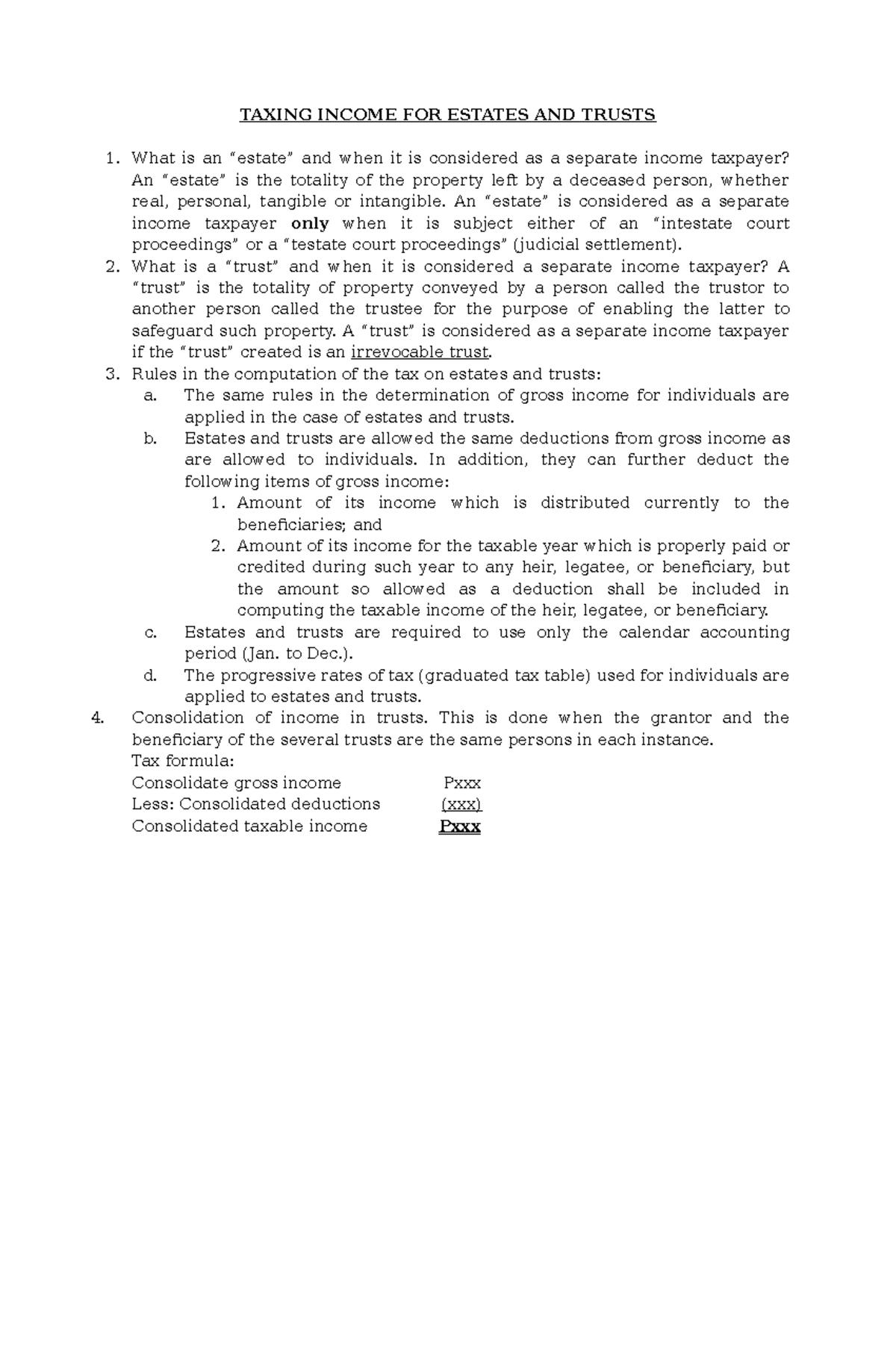 TAX FOR Estates AND Trusts - Notes - TAXING INCOME FOR ESTATES AND ...