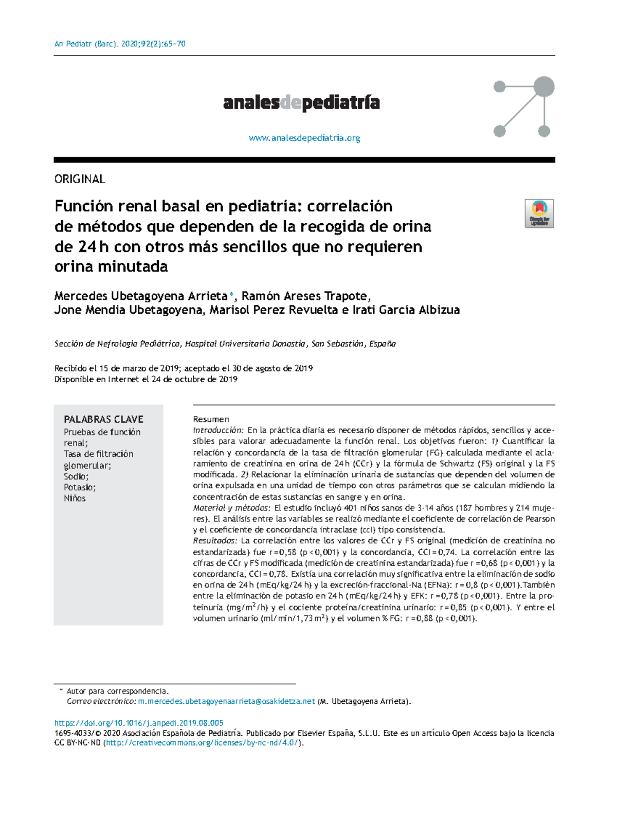 Articulo DE Funcion Renal - An Pediatr (Barc). 2020;92(2):65 ...