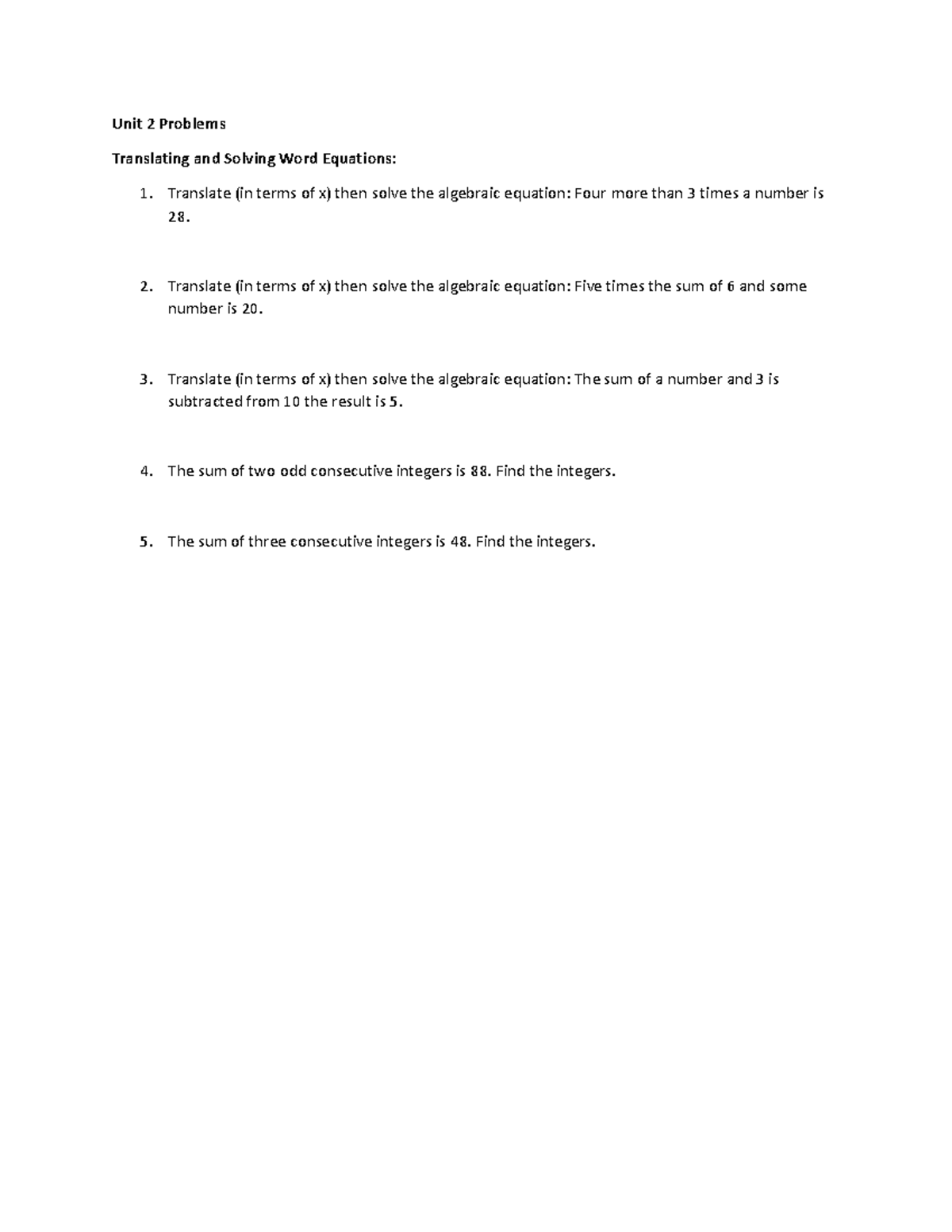 Unit 2 Problems 2020 - math sheet - Unit 2 ProblemsTranslating and Solving Word Equations: 1 ...