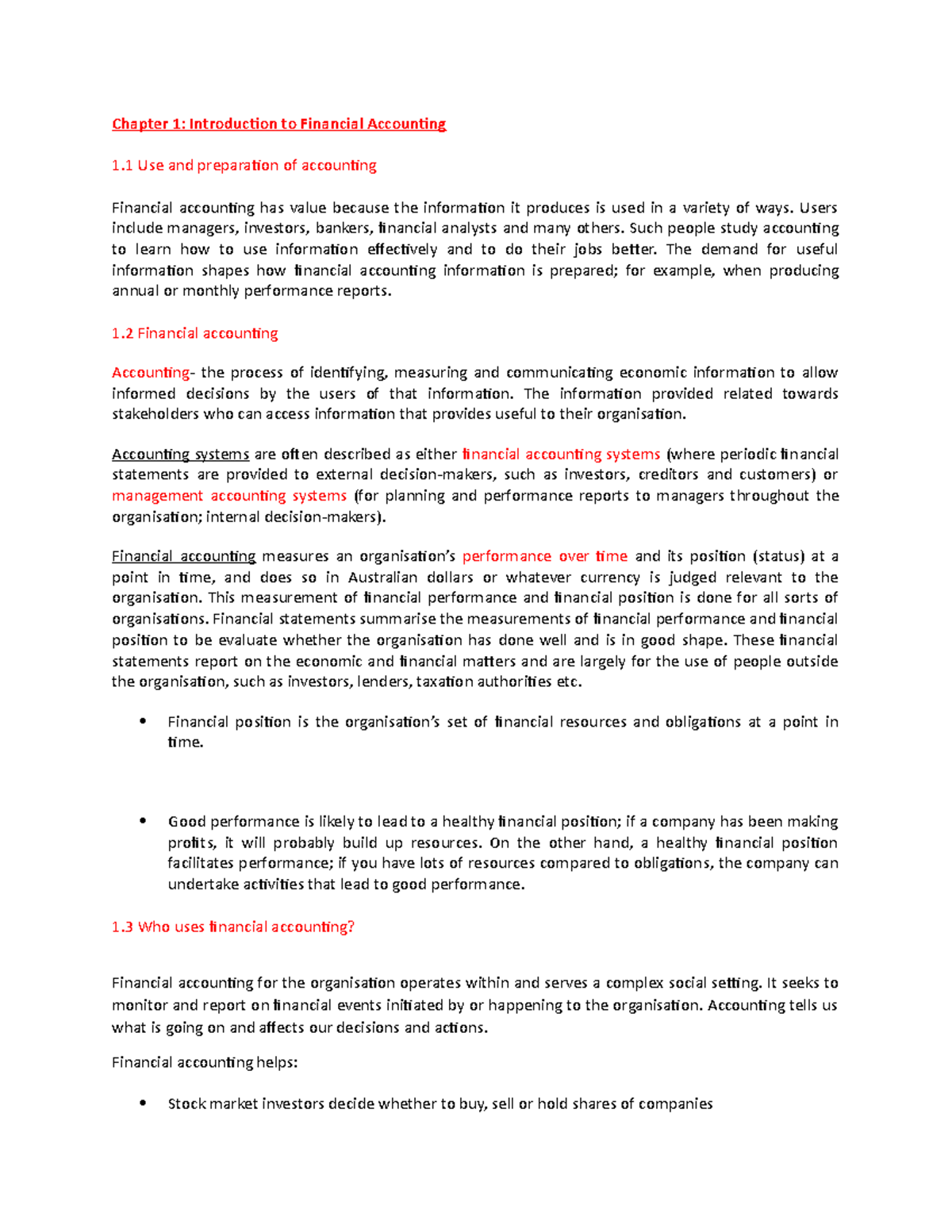 Chapter 1 notes - Summary Accounting - Chapter 1: Introduction to ...