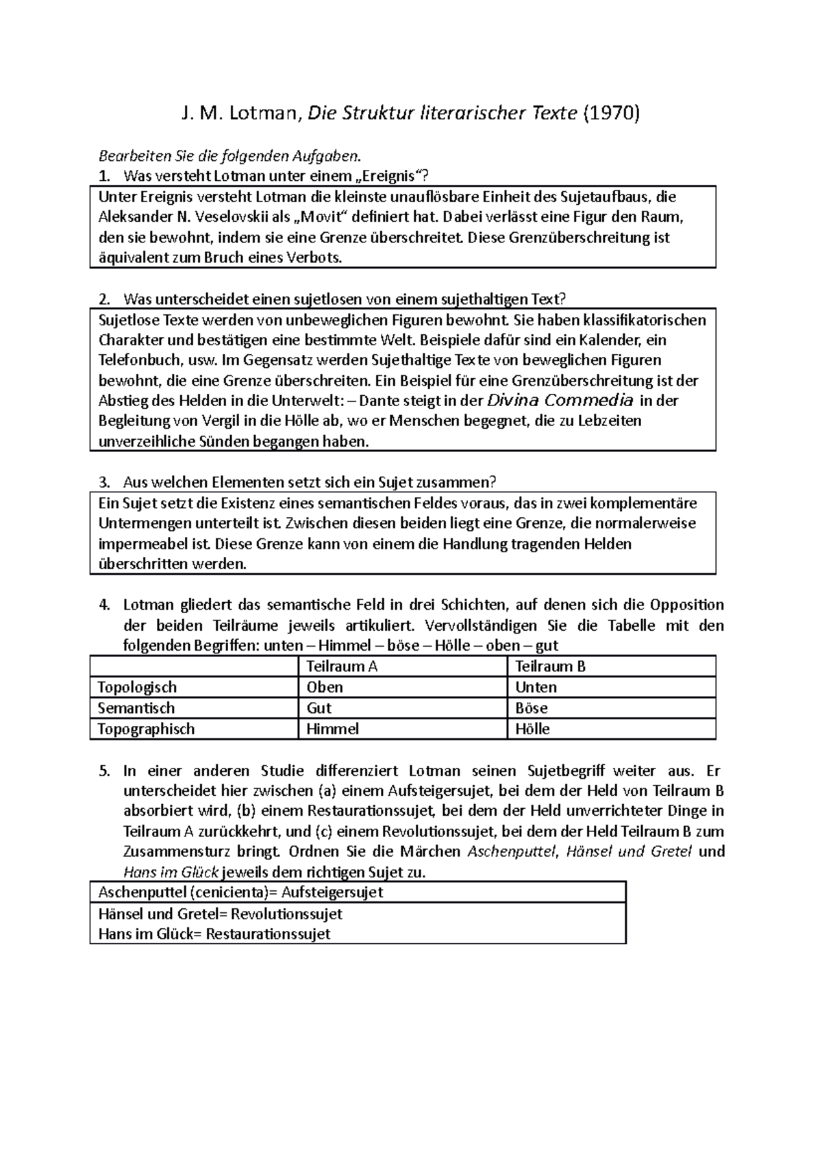 Übung Lotman 1970 (Aufgaben) Lösung - J. M. Lotman, Die Struktur ...