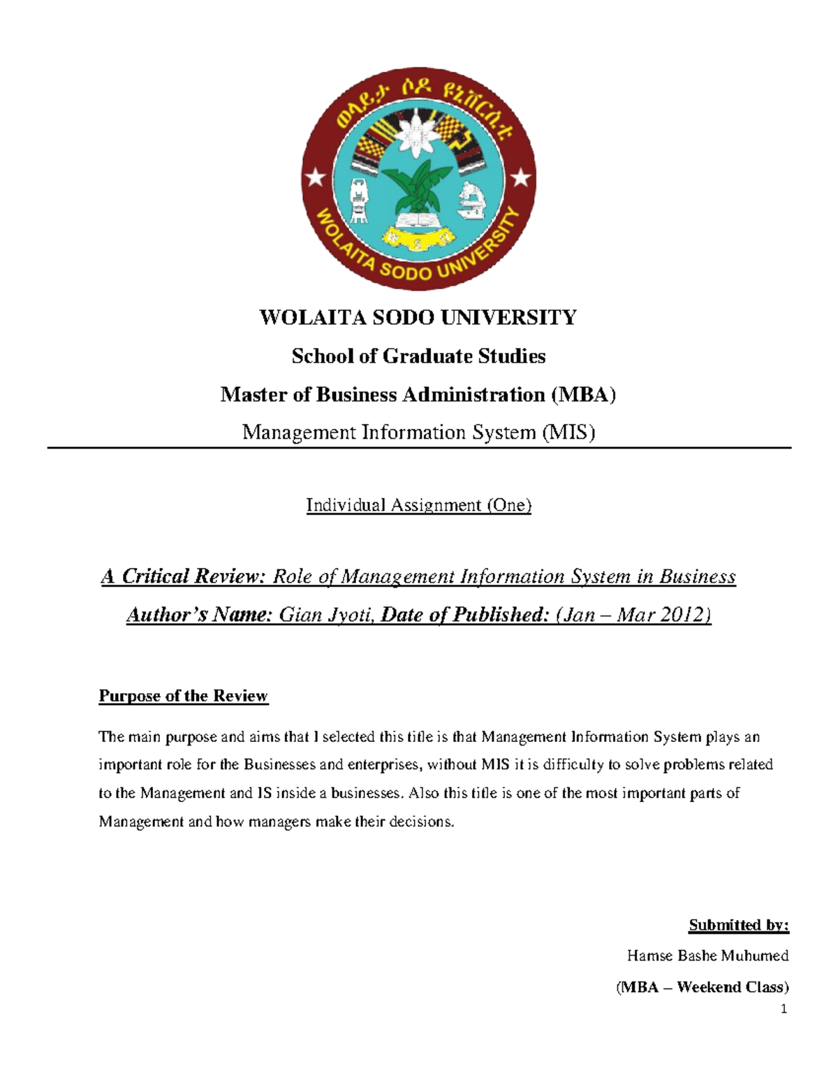 Article Reviews Individual Assignment 1 - 1 WOLAITA SODO UNIVERSITY ...