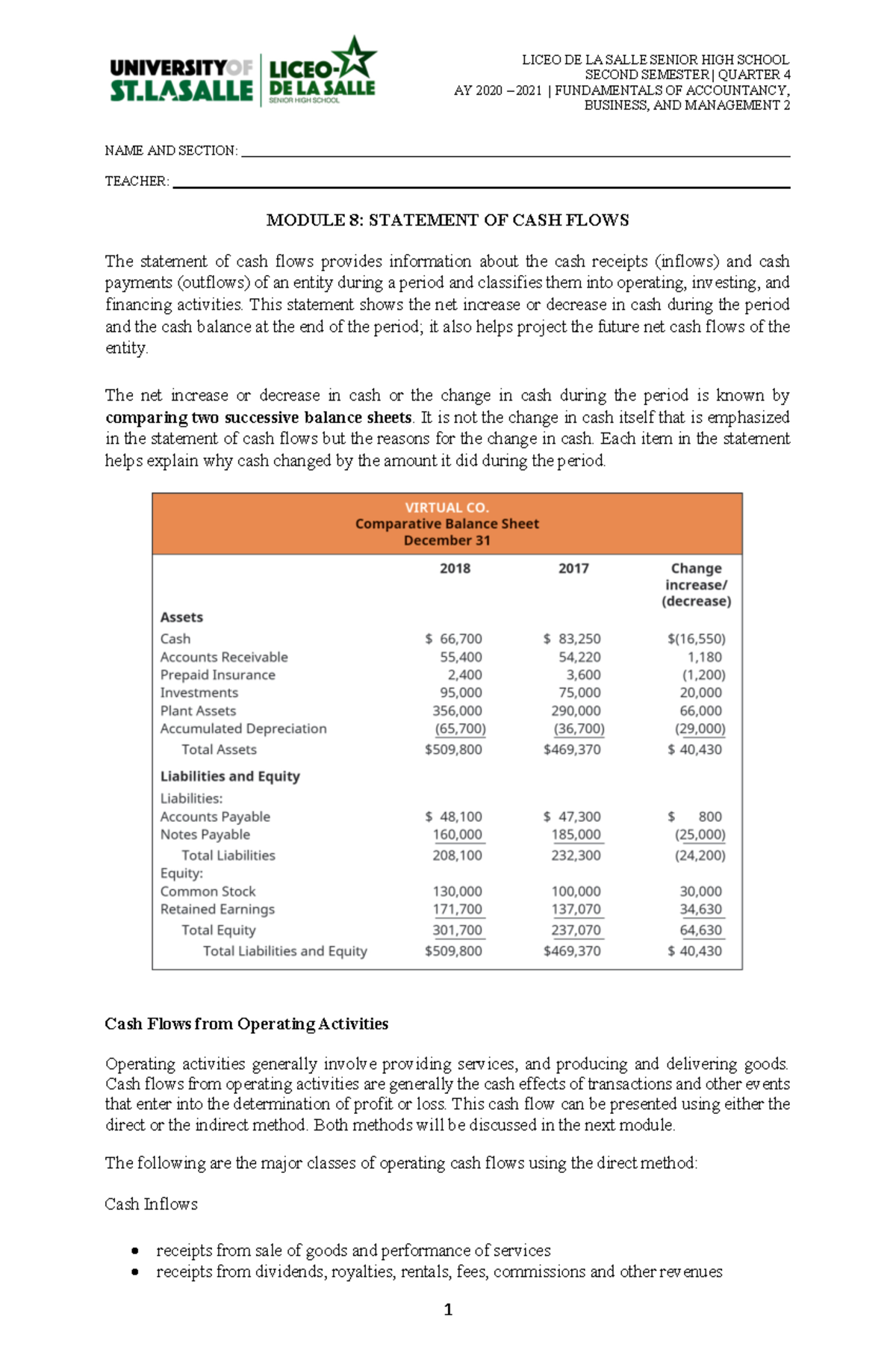 Module 8 Statement of Cash Flows Part 1 - LICEO DE LA SALLE SENIOR HIGH ...