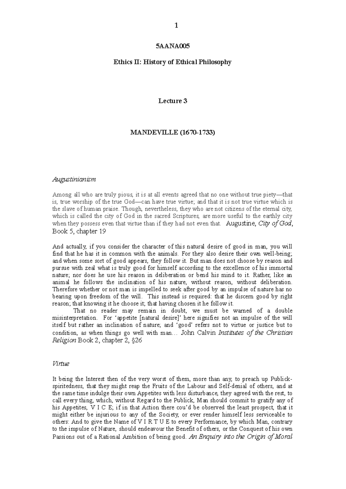 W3 Tutorial Handout - Mandeville - 5AANA Ethics II: History of Ethical ...