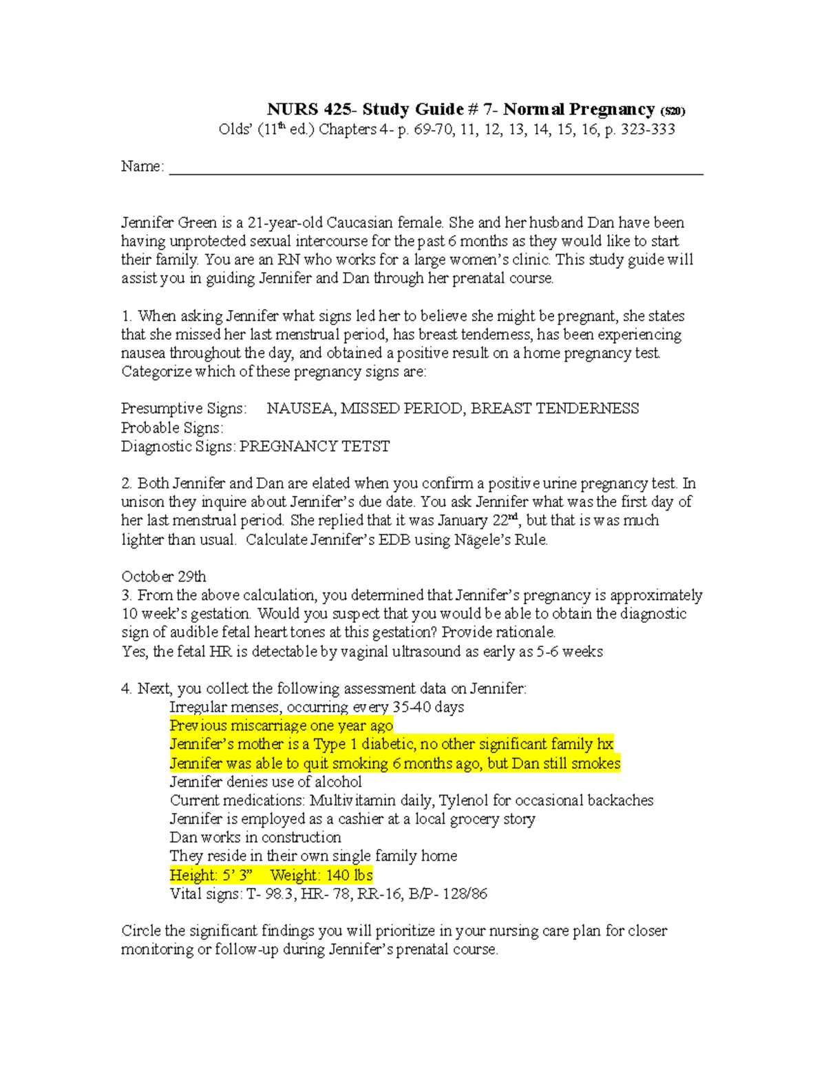 NURS 425-#7- Normal Pregnancy Study Guide-3 - NURS 425- Study Guide # 7 ...