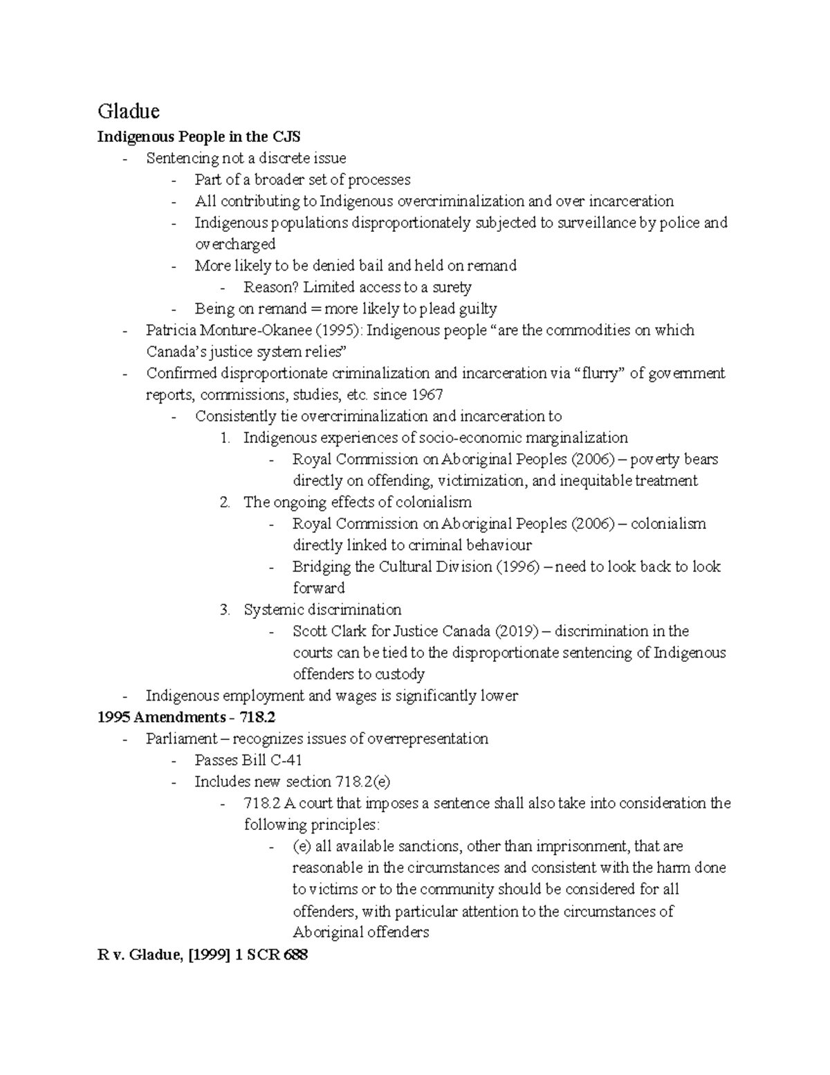 Lecture 5 Gladue - Gladue Indigenous People in the CJS - Sentencing not ...
