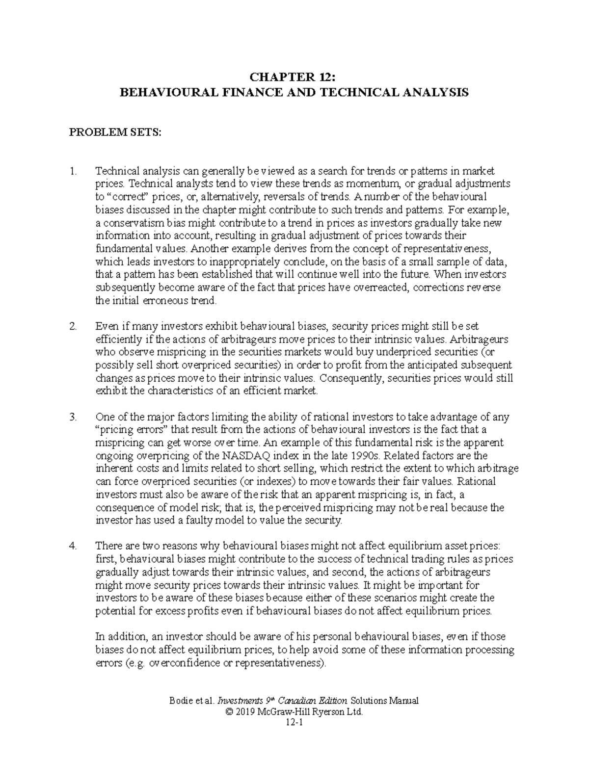 CH12 Exercices Final - CHAPTER 12: BEHAVIOURAL FINANCE AND TECHNICAL ...