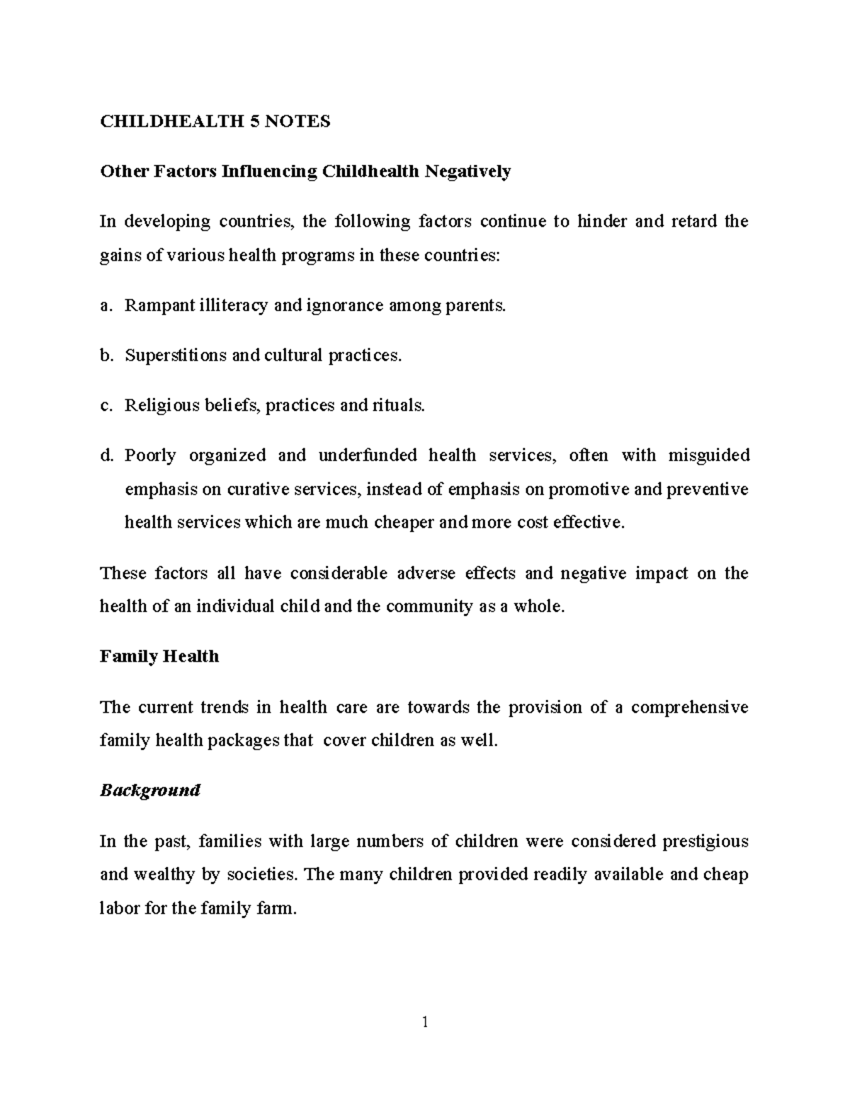 Childhealth 5 Notes - Child Health - CHILDHEALTH 5 NOTES Other Factors ...