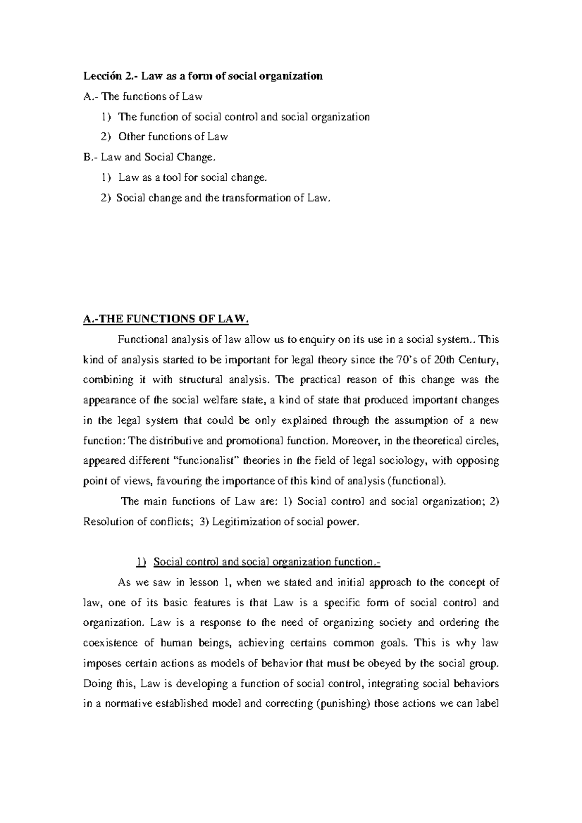 Outline lesson 2 - Lección 2.- Law as a form of social organization A ...