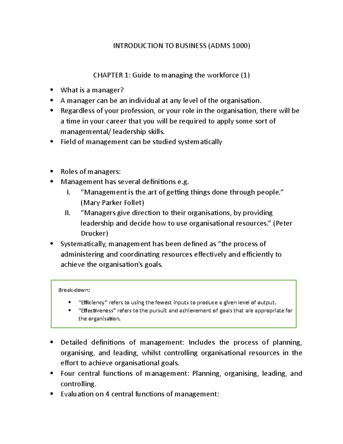 Business notes chapter 1 - INTRODUCTION TO BUSINESS (ADMS 1000) CHAPTER ...