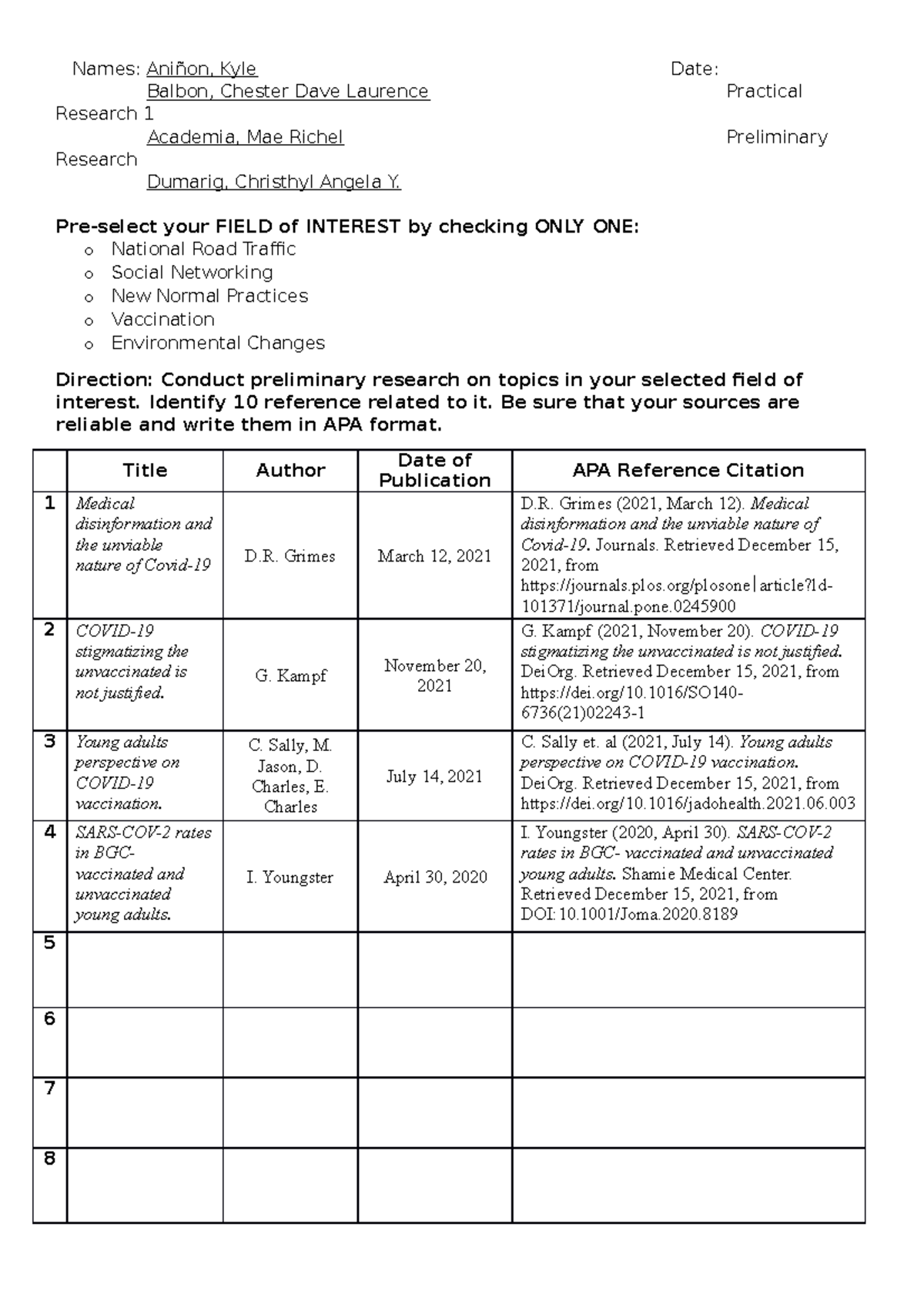 Group 2B Practical Research 1 Chap 1 Answer Sheets - Names: Aniñon ...