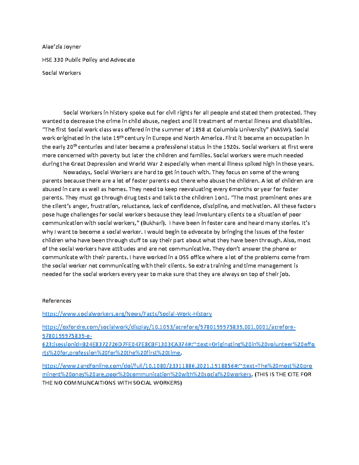 HSE 330 Public Policy AND Advocate - Alae’zia Joyner HSE 330 Public ...