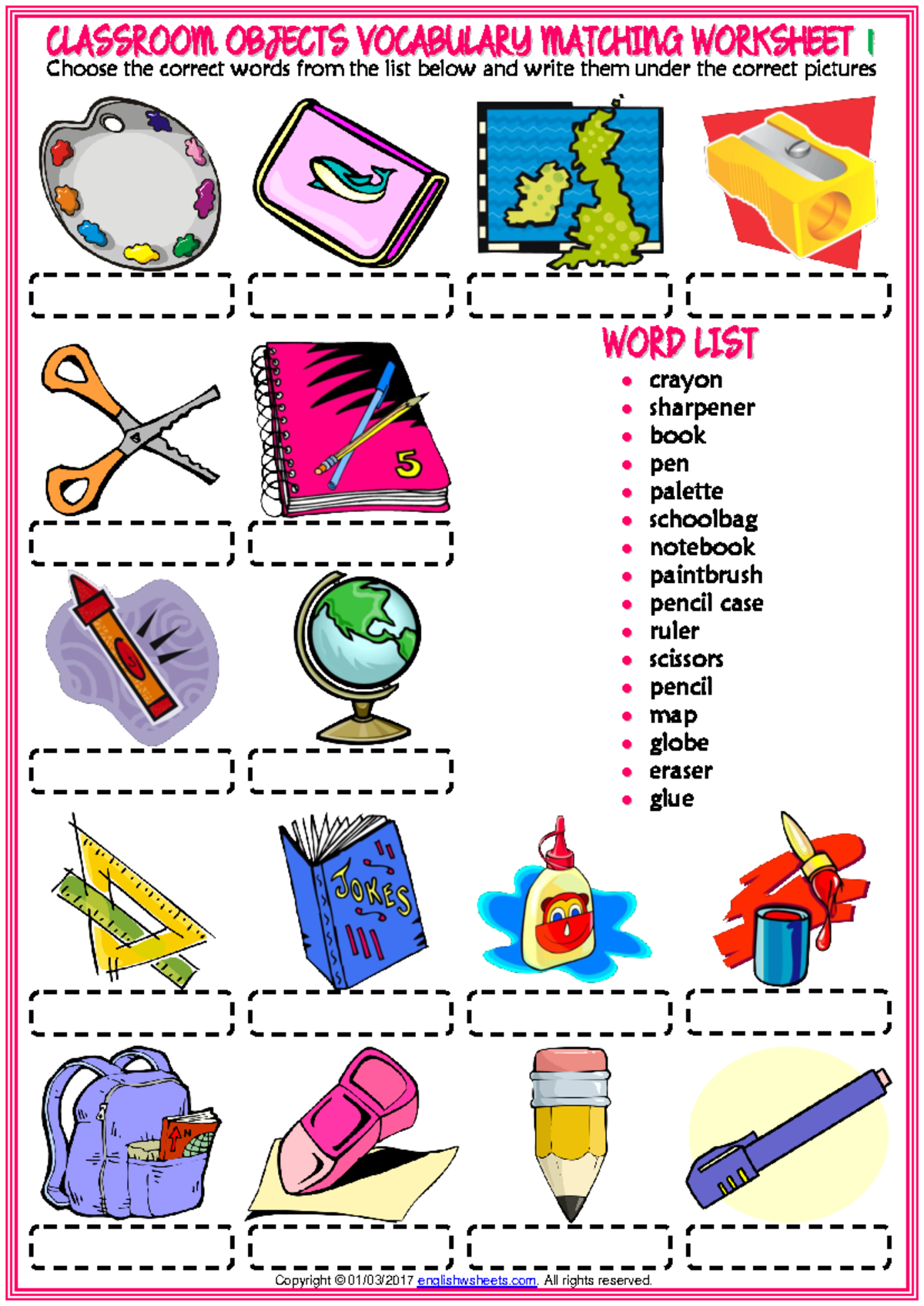 Classroom objects vocabulary esl matching exercise worksheet for kids ...