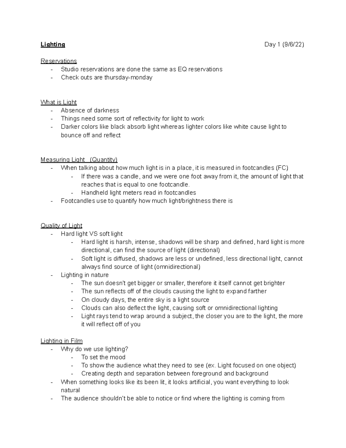 Lighting Class 1 Notes - Lighting Day 1 (9/6/22) Reservations - Studio ...
