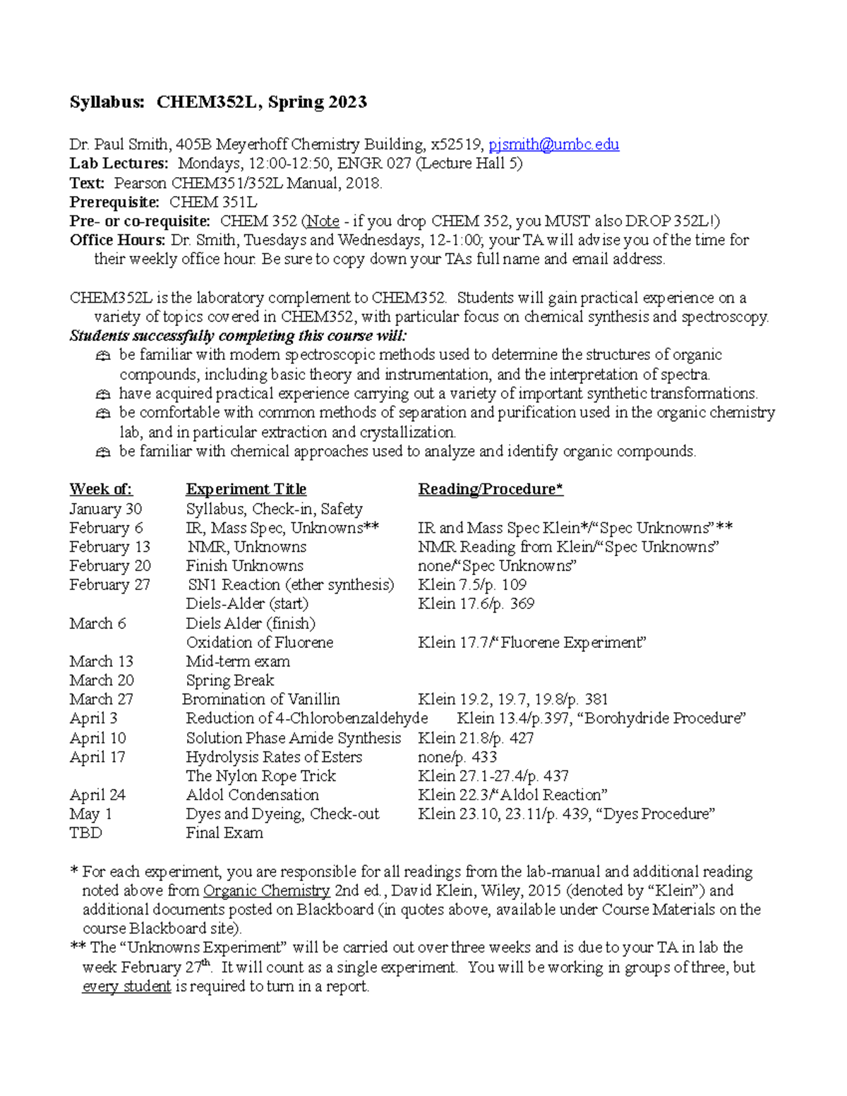Syllabus 23 - Professor paul smith - Syllabus: CHEM352L, Spring 2023 Dr ...