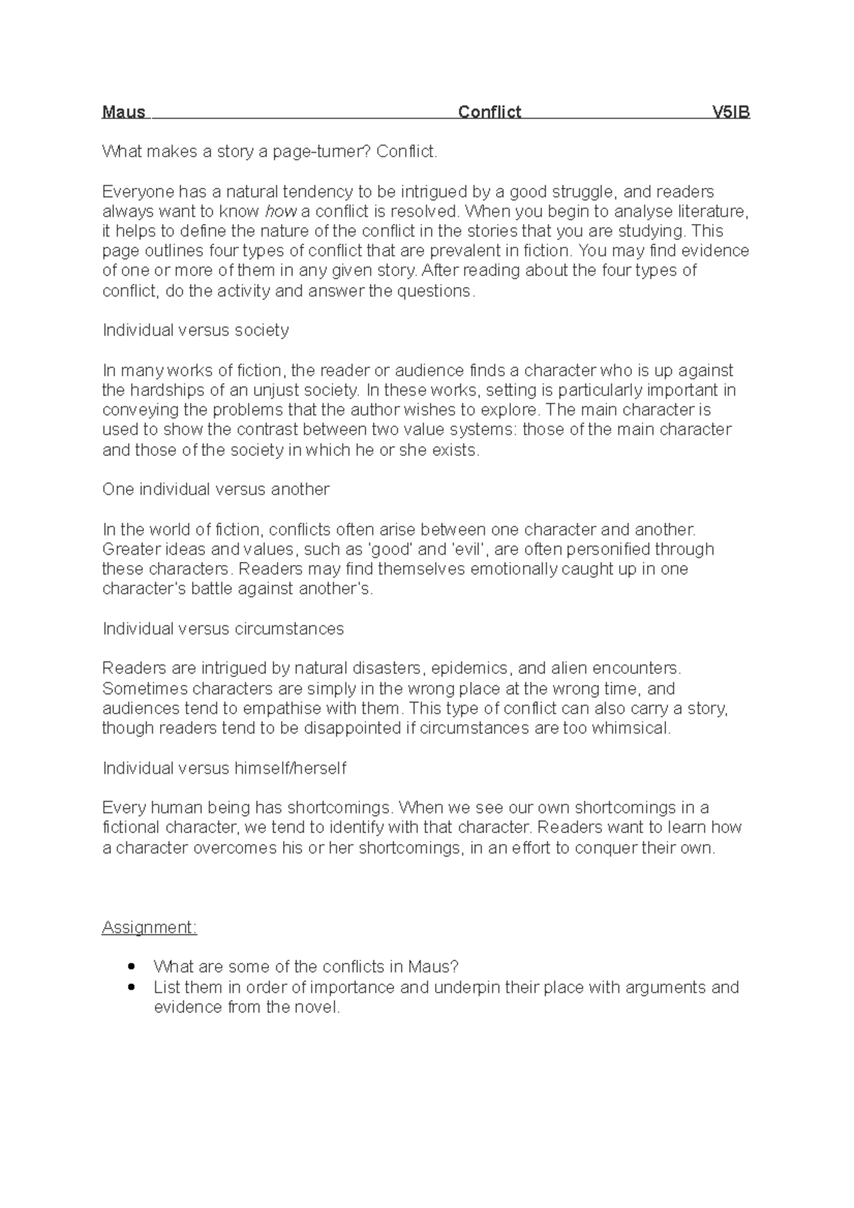 Maus-Conflict-V5IB - uitwerkingsopdracht over het boek maus van Art ...