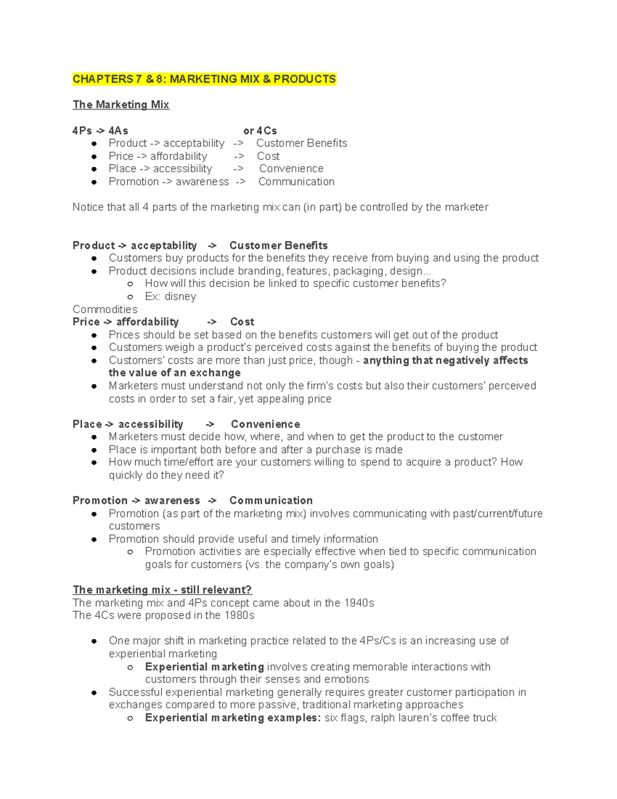 Marketing Chapters 7 9a Chapters 7 8 Marketing Mix Products The