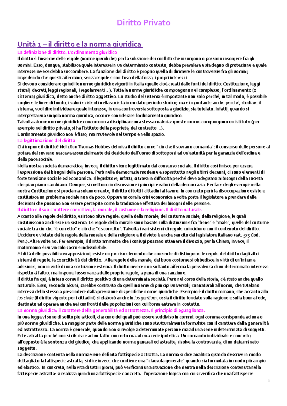 Diritto privato - Riassunto dei capitoli - Diritto Privato Unità 1 – il ...