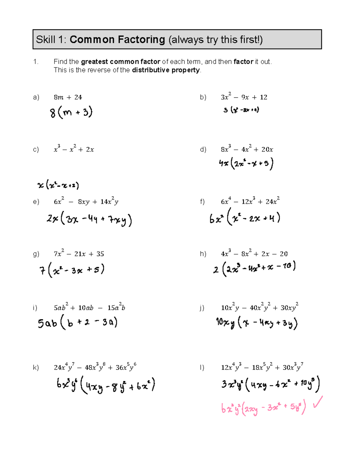 Factoring Practice Master Booklet Oldridge - Skill 1: Common Factoring ...