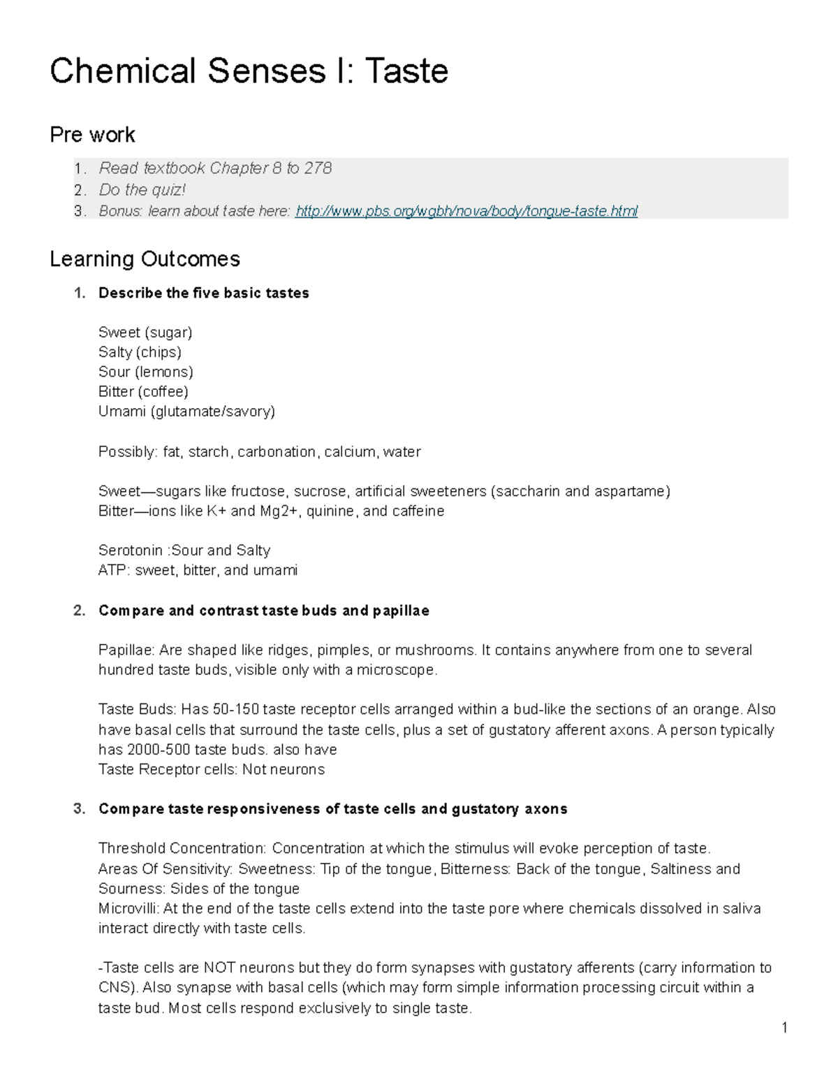 SW Chemical Senses I Taste - Chemical Senses I: Taste Pre work 1. Read ...