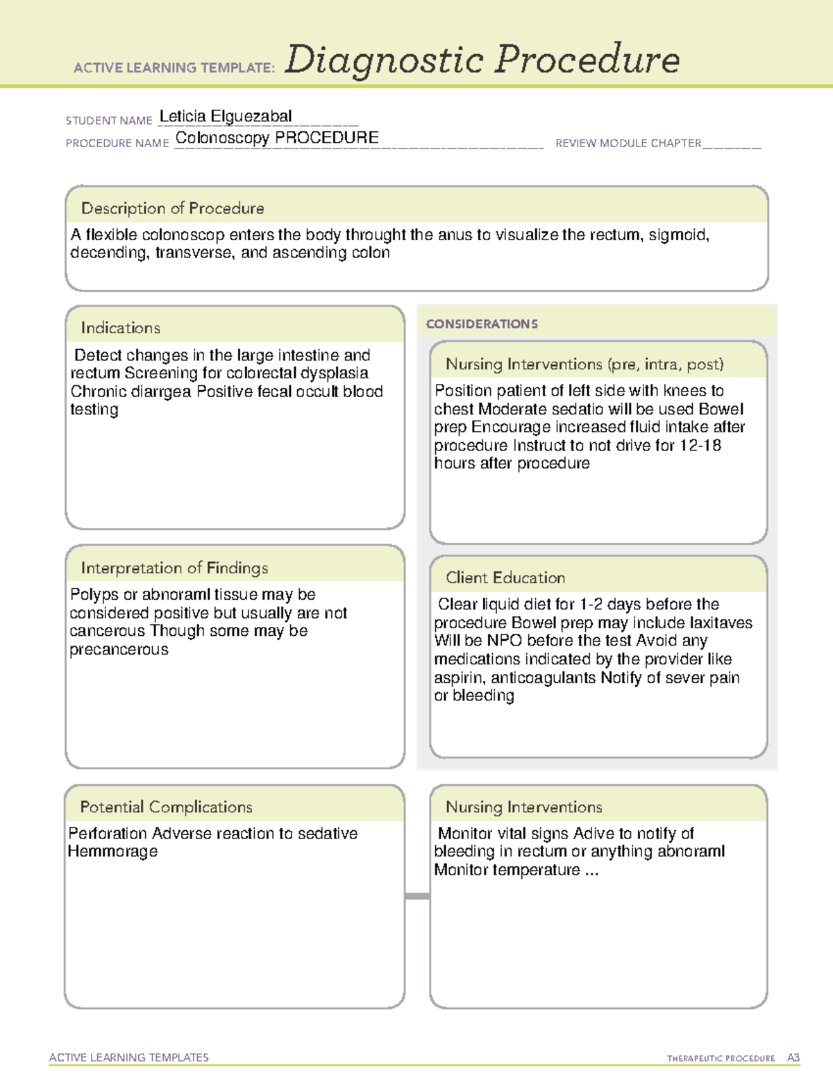 Diagnostic procedure Colonoscopy - ACTIVE LEARNING TEMPLATES ...