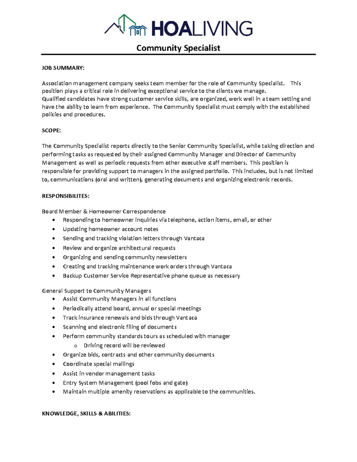 Community Specialist Job Description (2024-0108) - Community Specialist ...