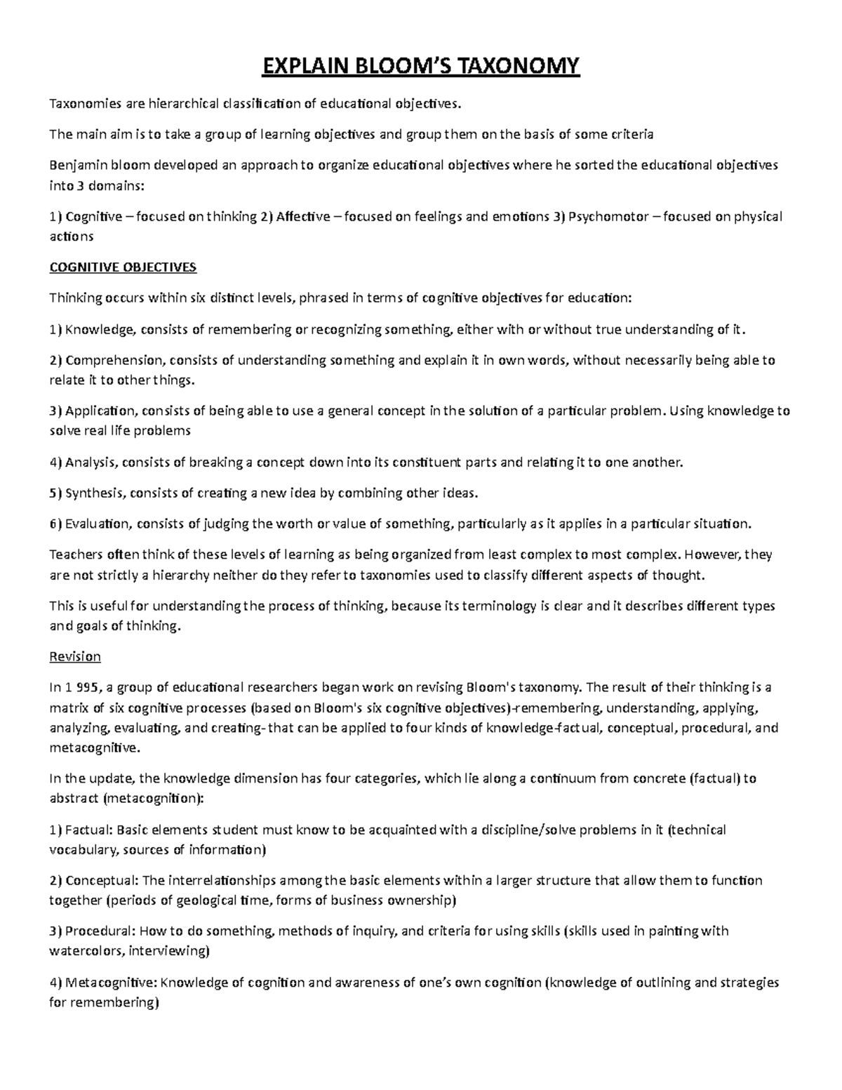 Bloom Taxonomy - EXPLAIN BLOOM’S TAXONOMY Taxonomies are hierarchical ...