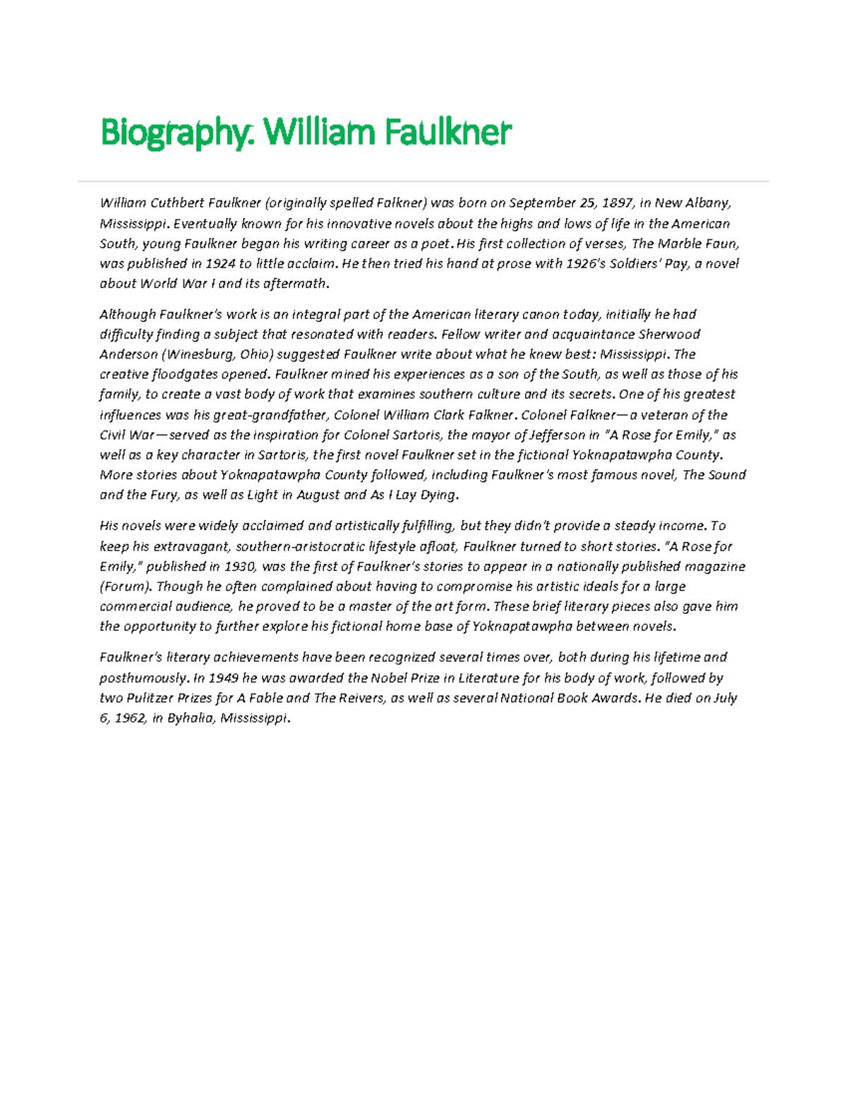 Biography of the story writer a rose for emily - Biography. William ...