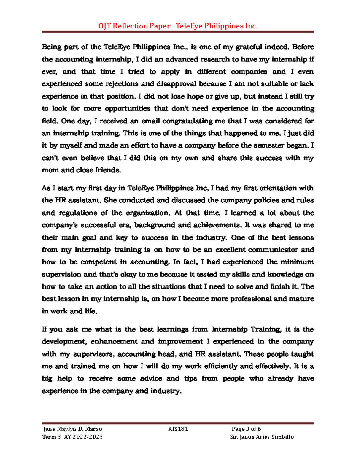 Best learnings from Internship Training - OJT Reflection Paper: TeleEye ...