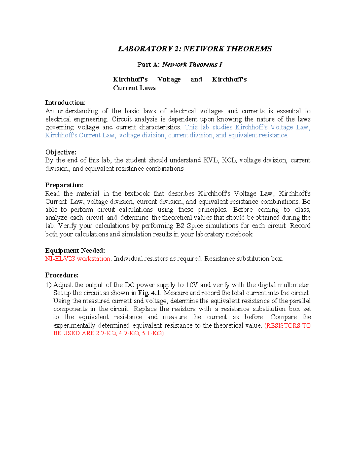 Laboratory 2 KCL & KVL - LABORATORY 2: NETWORK THEOREMS Part A: Network Theorems I Kirchhoff's ...