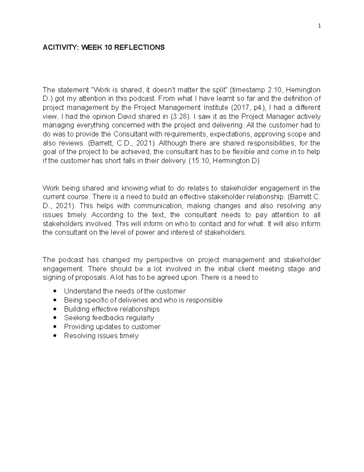 Reflections WEEK 10 - 1 ACITIVITY: WEEK 10 REFLECTIONS The statement ...