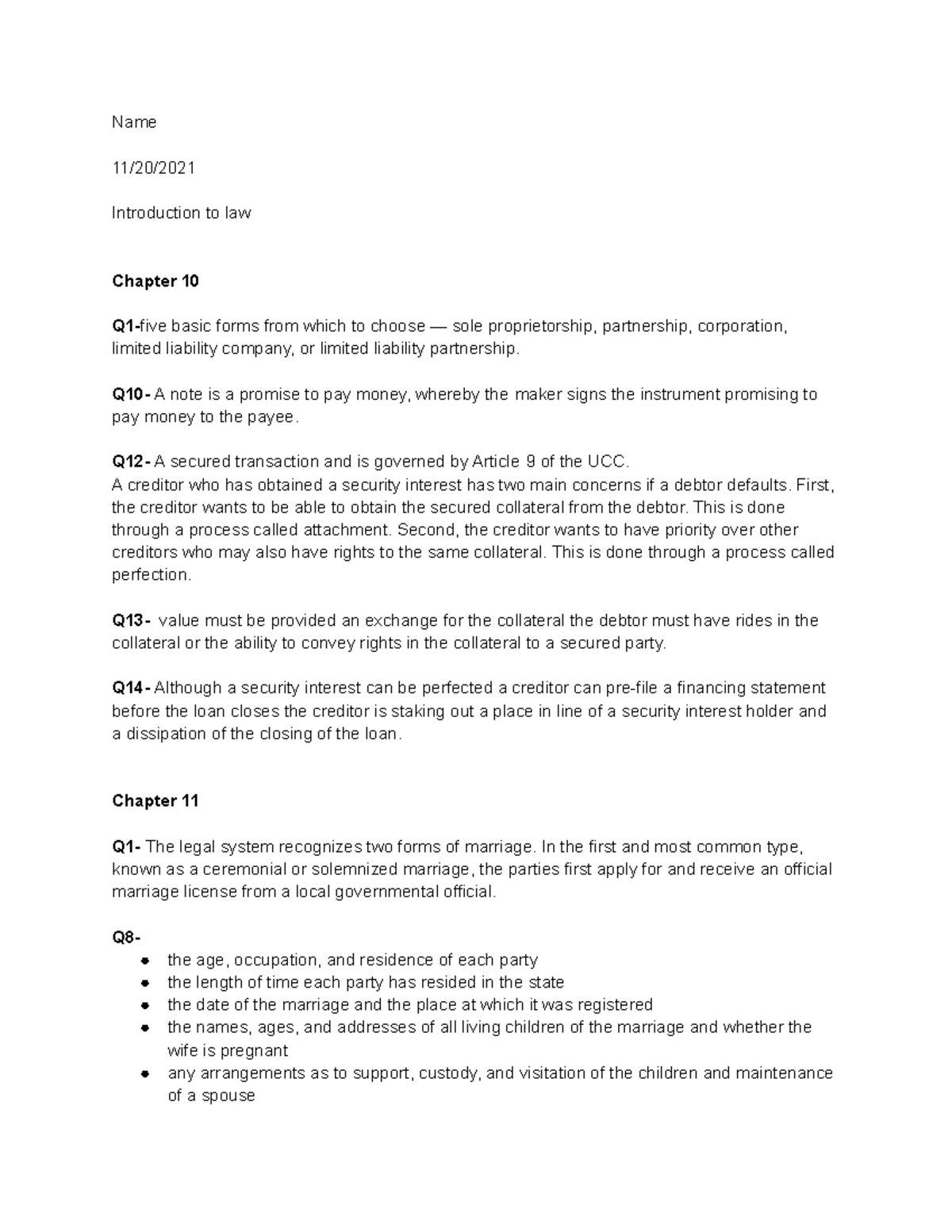 Law #5 - Law - Name 11/20/ Introduction to law Chapter 10 Q1- five ...