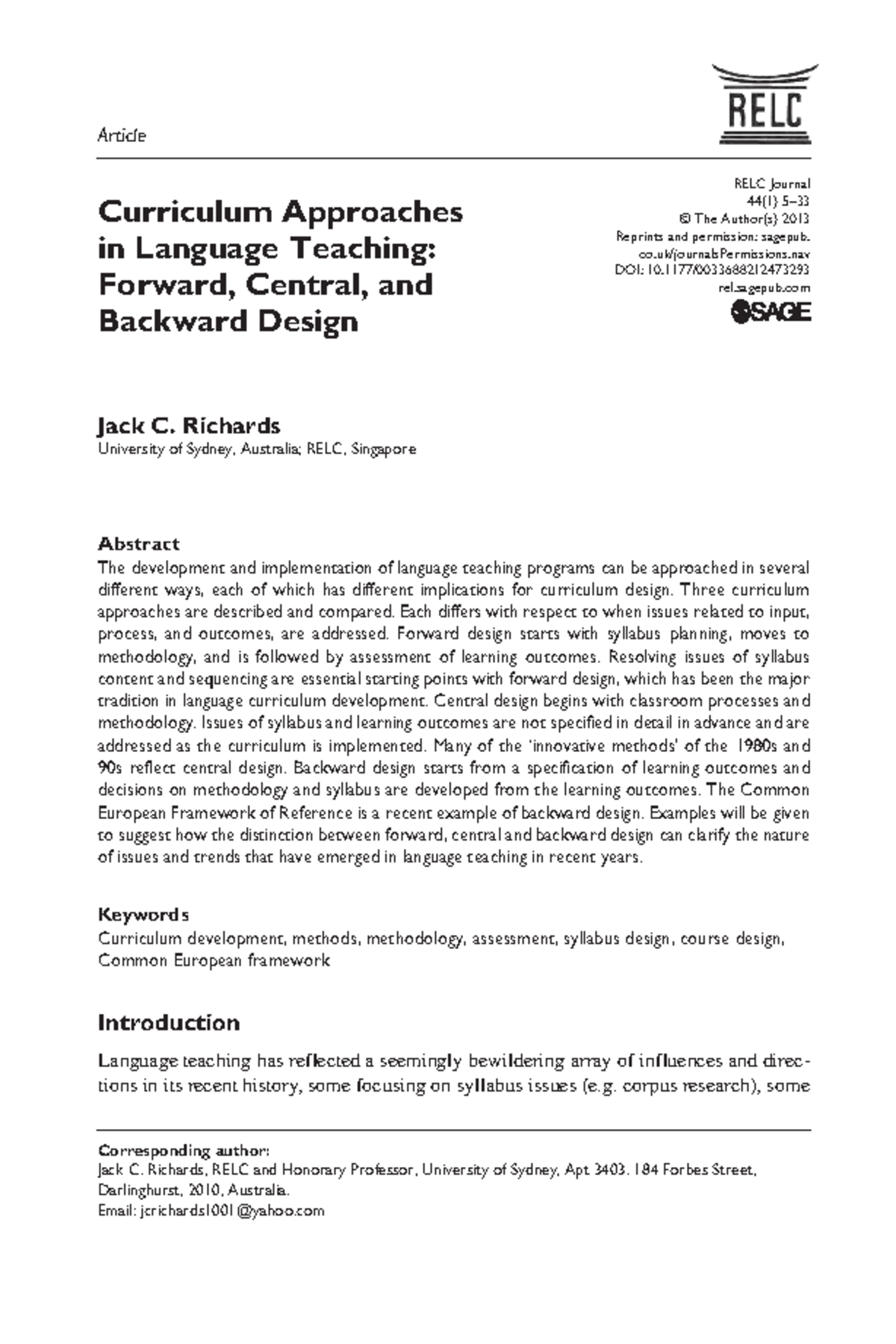 Curriculum Approaches in Language Teaching - RELC Journal 44(1) 5 ...
