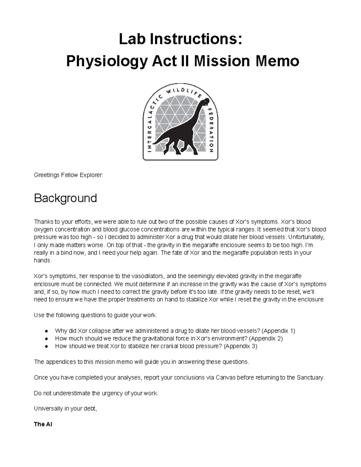 Lab Instructions Physiology Act II Mission Memo (Summer A 2024) - Lab Instructions: Physiology ...