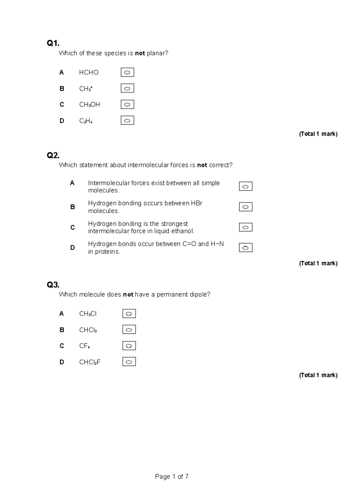 1657 Q1 Which Of These Species Is Not Planar A HCHO B CH3 C CH 3